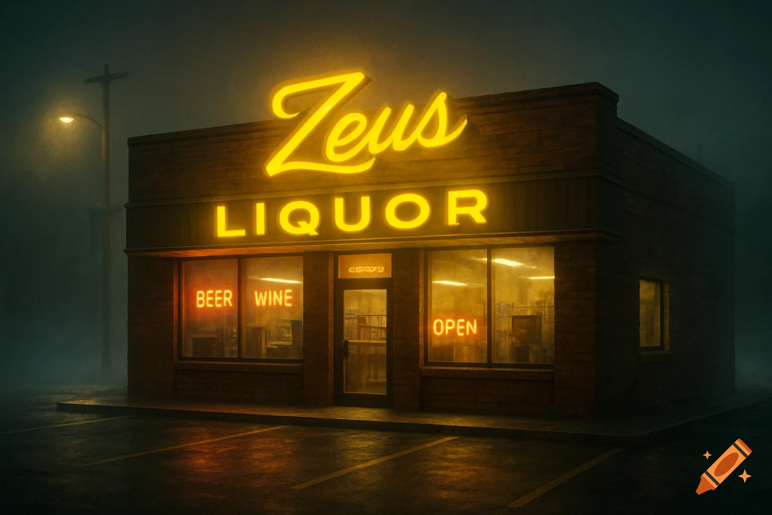Neon sign says Zeus Liquor on a brick building at night with mist and ...