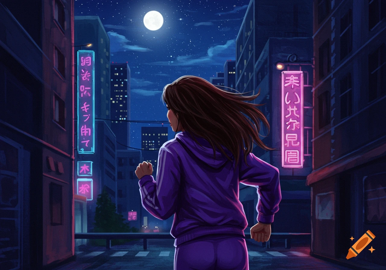 Woman running down a dark street at night past buildings with neon ...