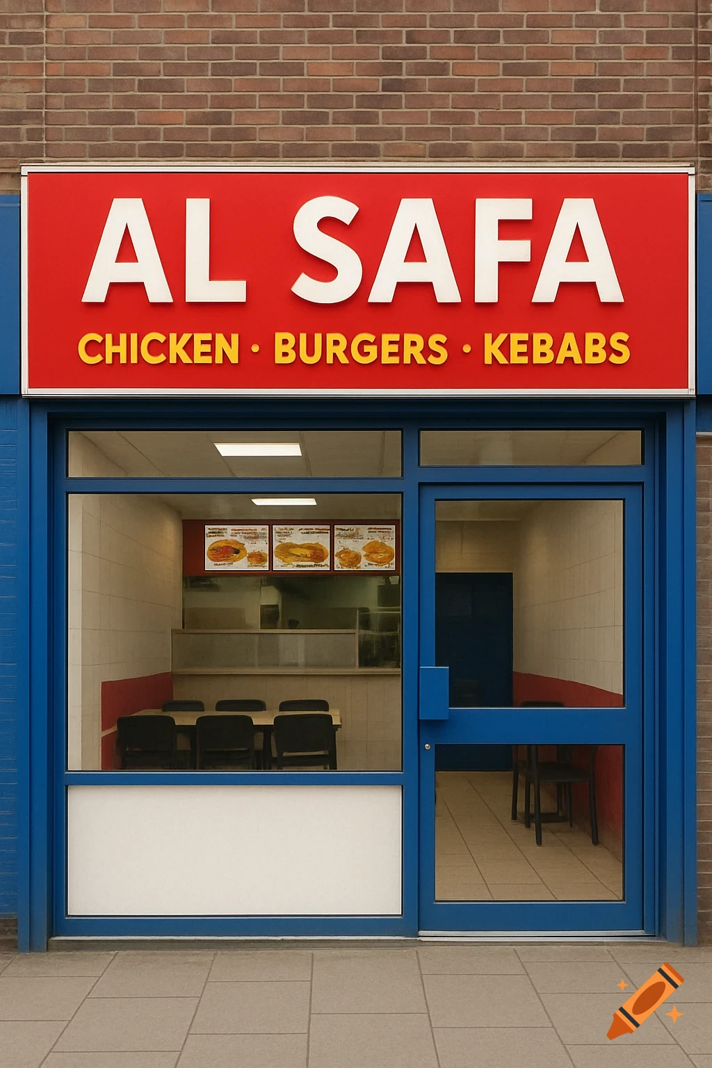 AL SAFA chicken shop storefront with red sign and blue frame on Craiyon