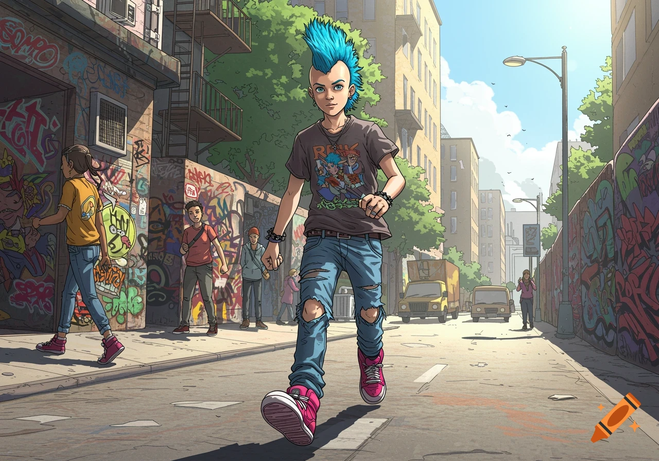 Teen boy with blue mohawk walks down a graffiti-covered city street in ...