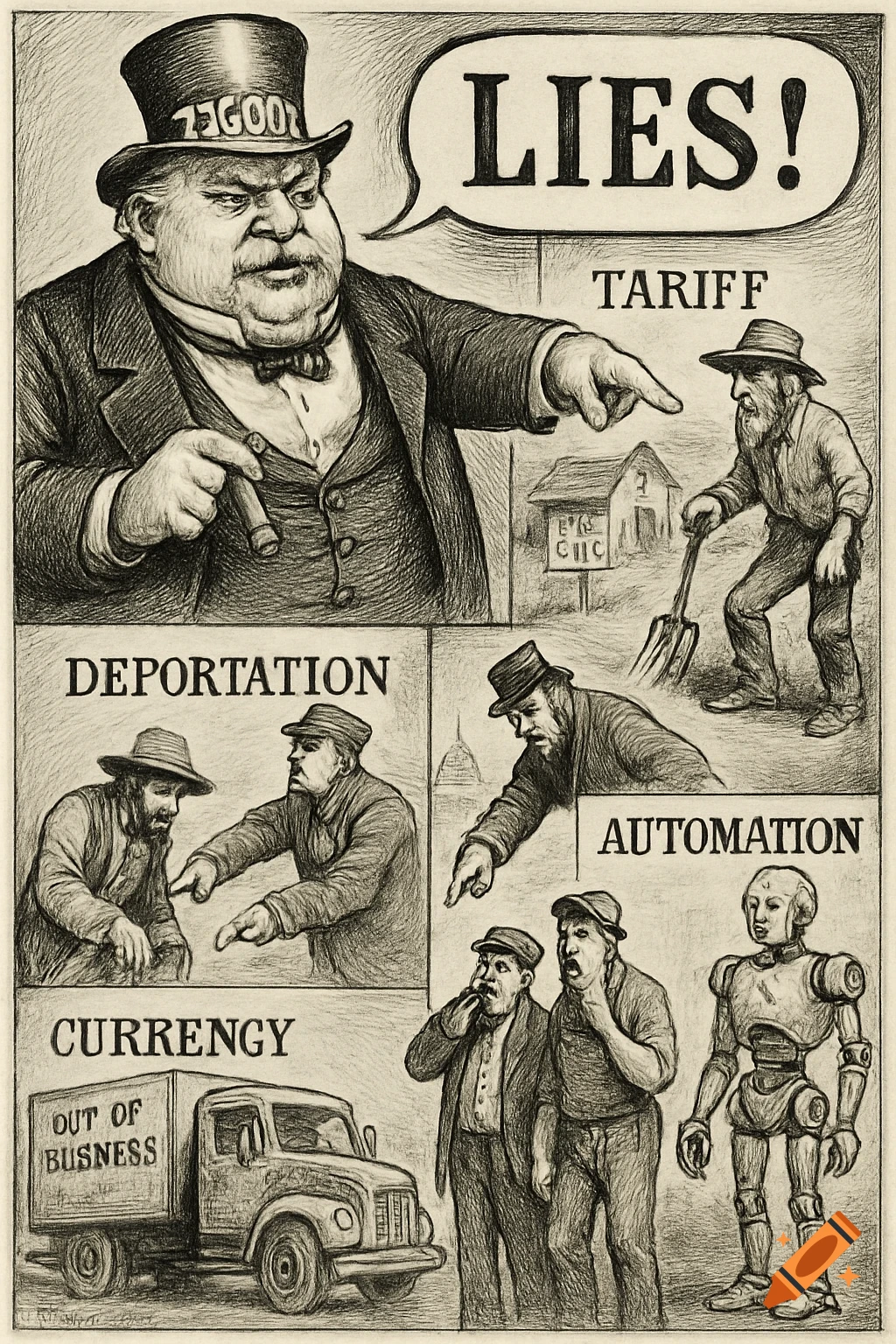 Multi-panel political cartoon in vintage style. A politician says 'LIES ...