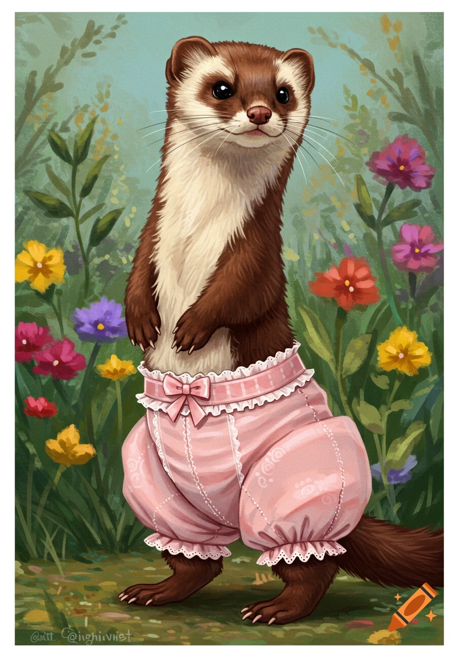 An illustration of a weasel standing upright in a garden, wearing pink ...