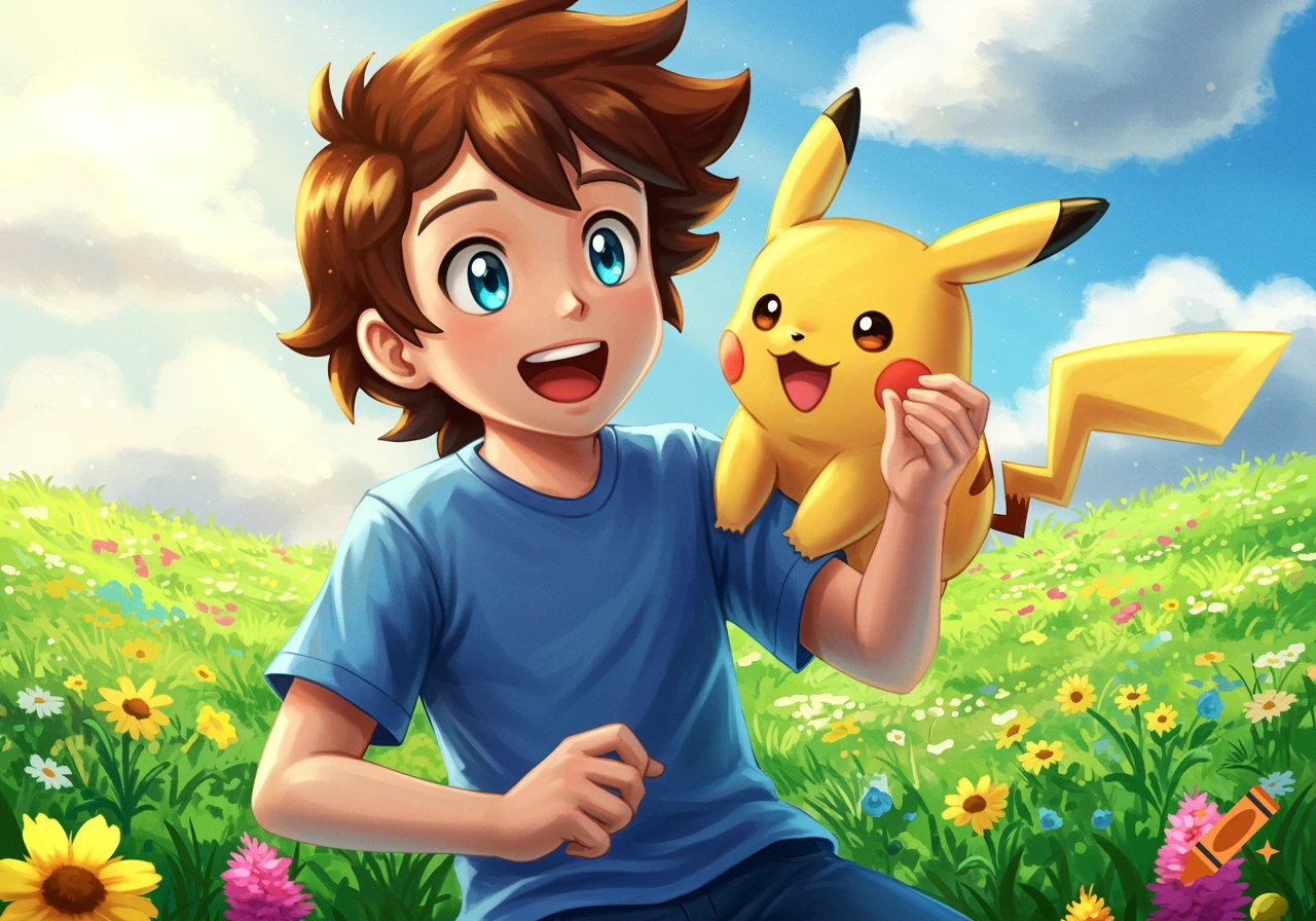A boy smiling with a Pikachu on his shoulder in a grassy field on Craiyon