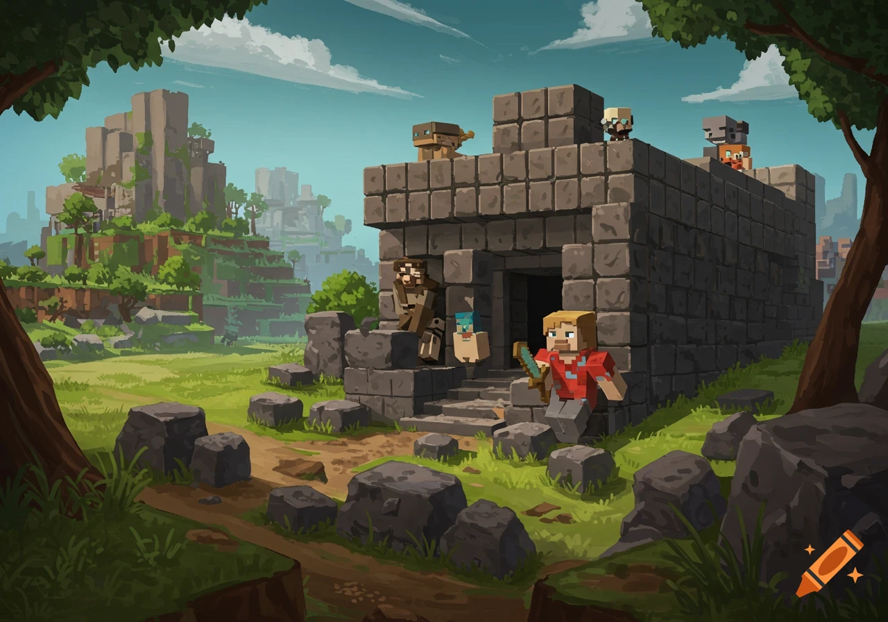 Blocky characters stand near a stone building in a grassy Minecraft ...