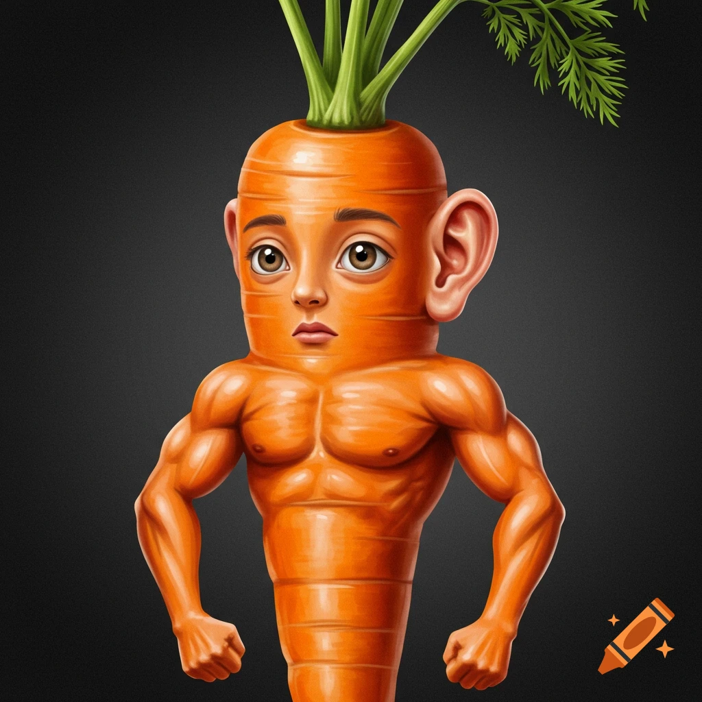 Muscular anthropomorphic carrot with a human face and ears. on Craiyon