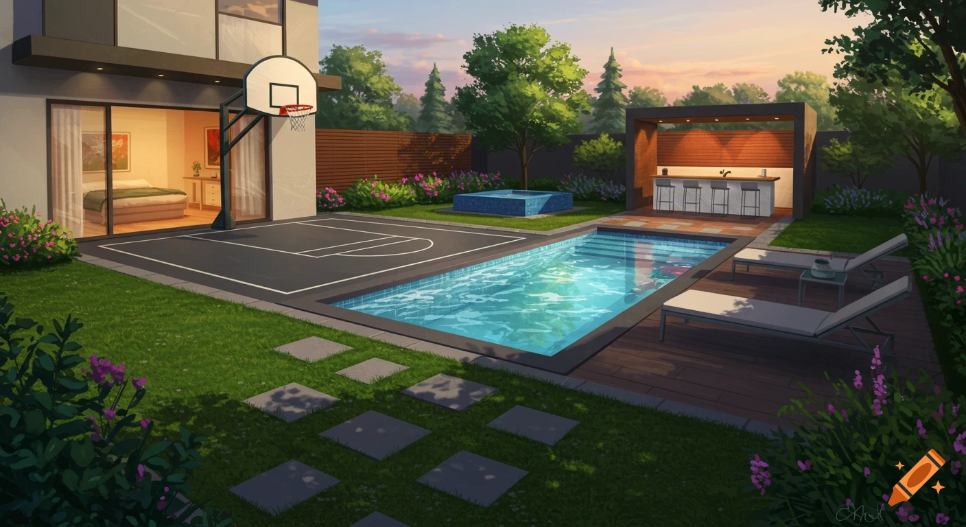 Modern backyard with pool, basketball court, bar, and lounge chairs. on ...