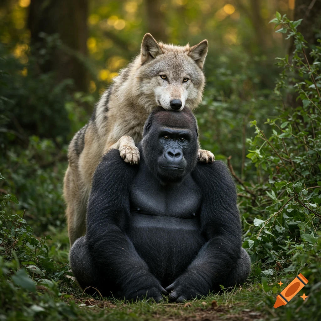 A grey wolf stands behind a sitting silverback gorilla in a forest, with the wolf's paws resting ...