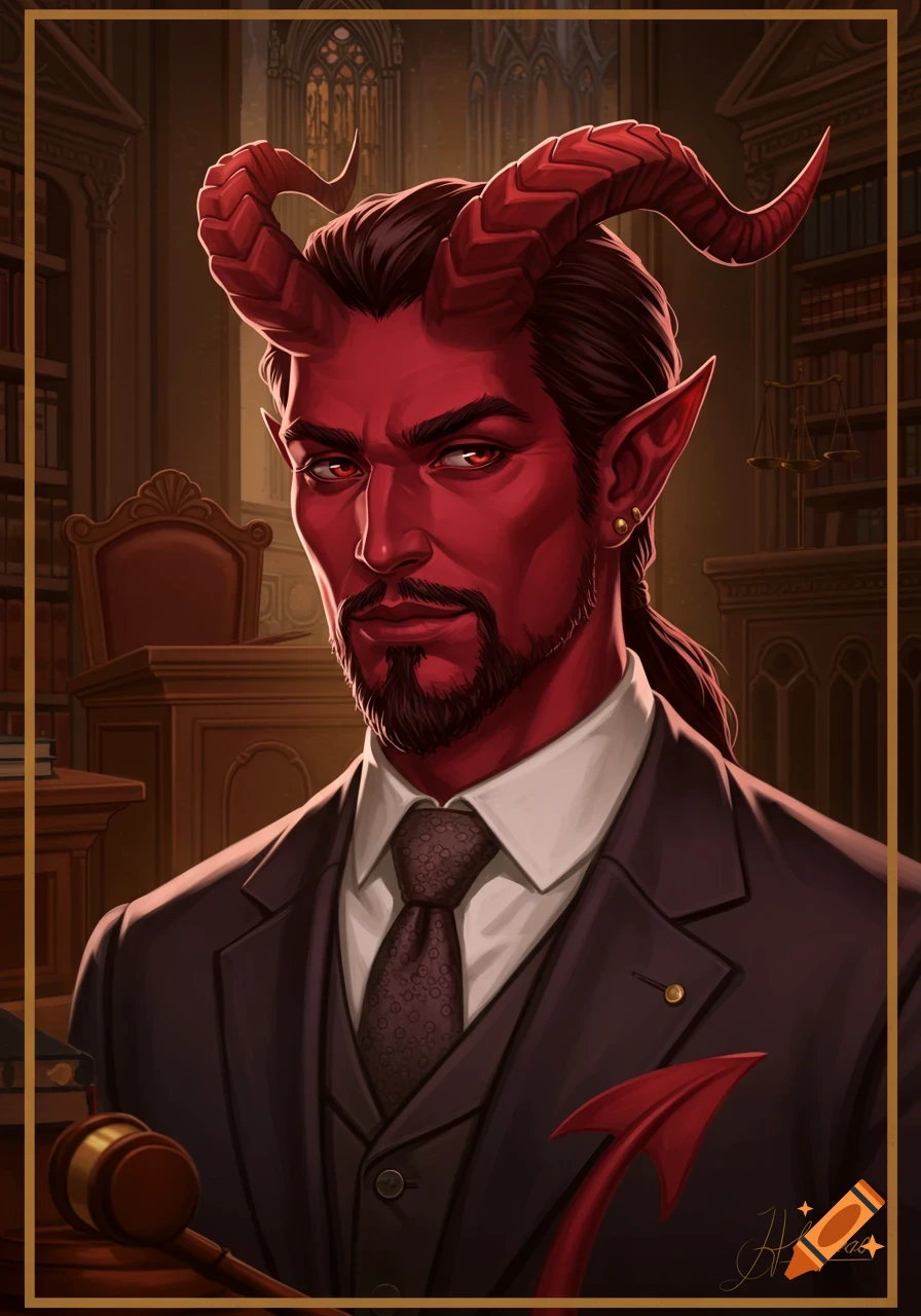 Illustration of a male tiefling in a suit standing in a courtroom ...