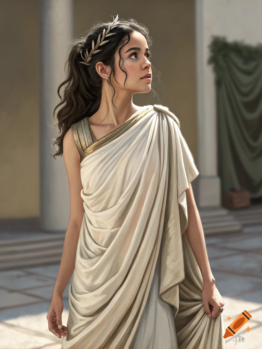 A woman wearing a white and gold toga stands in a courtyard, looking up ...