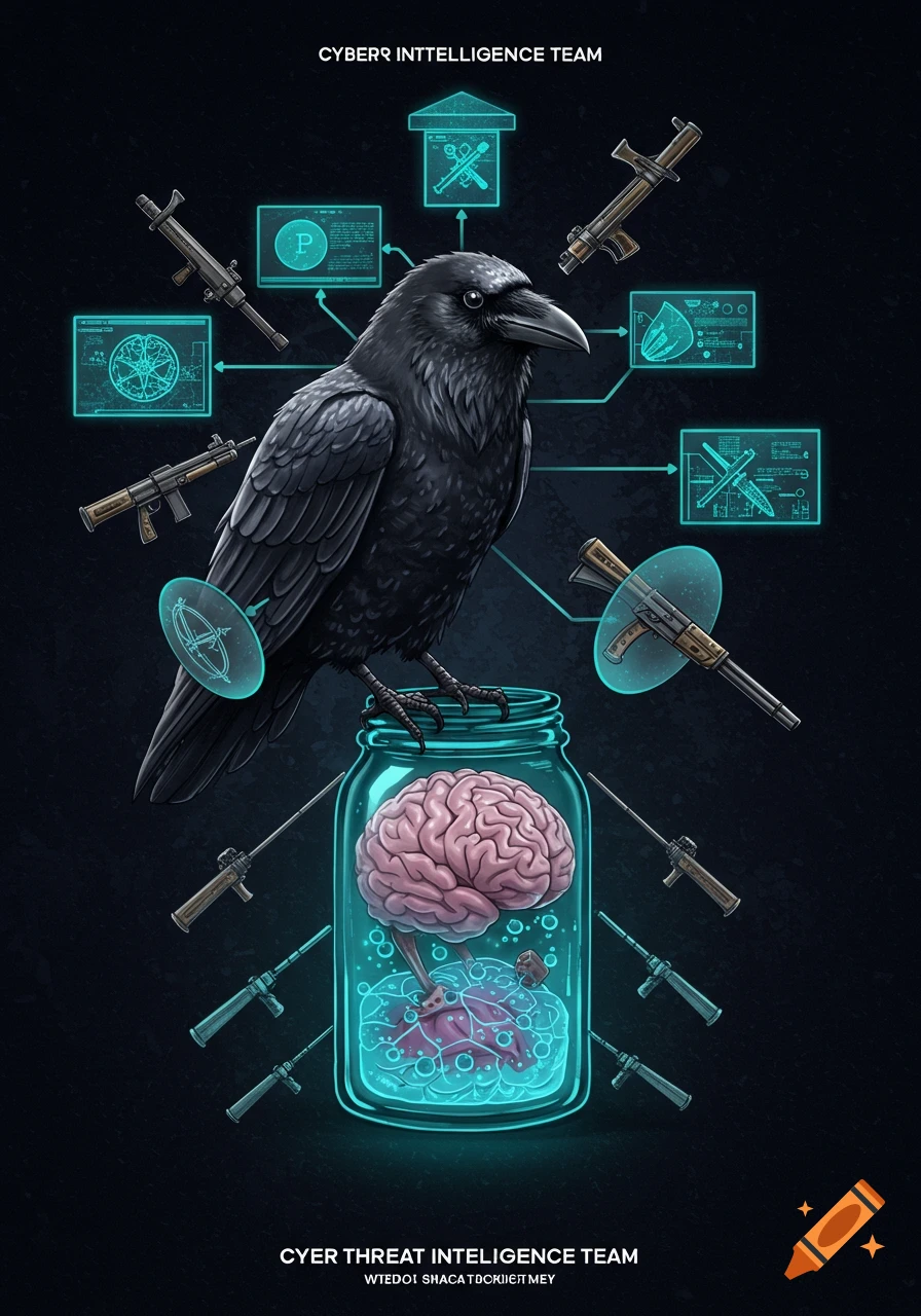 Raven perched on a jar containing a glowing brain, surrounded by ...