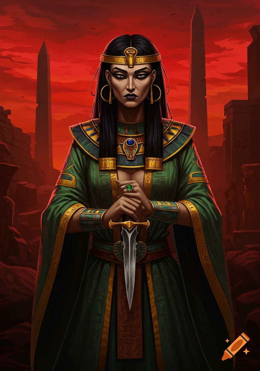 Egyptian woman in green and gold attire holding a dagger in front of ...