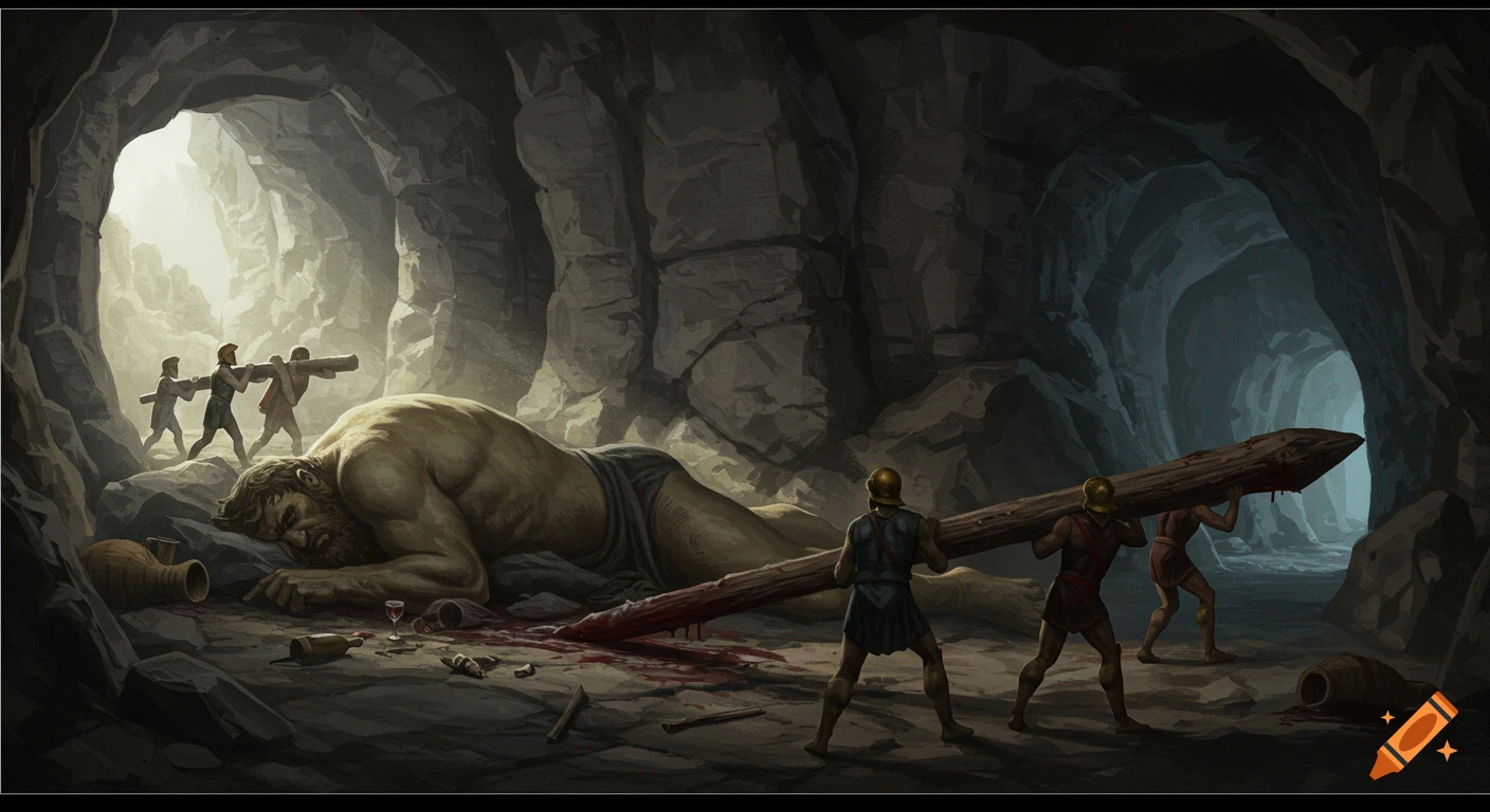 Figures carrying a bloody stake away from a giant in a cave. on Craiyon