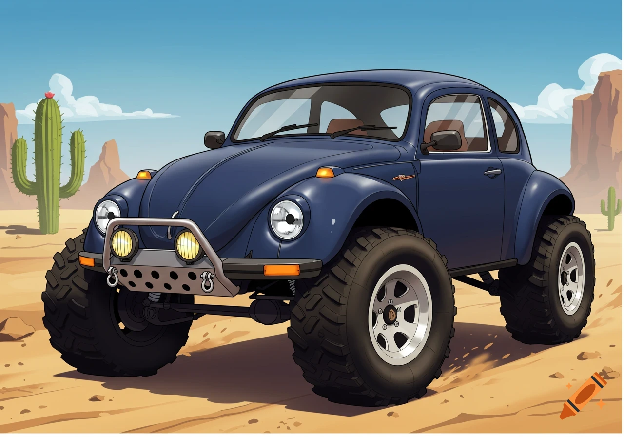 Cartoon blue off-road Volkswagen Beetle in a desert landscape on Craiyon