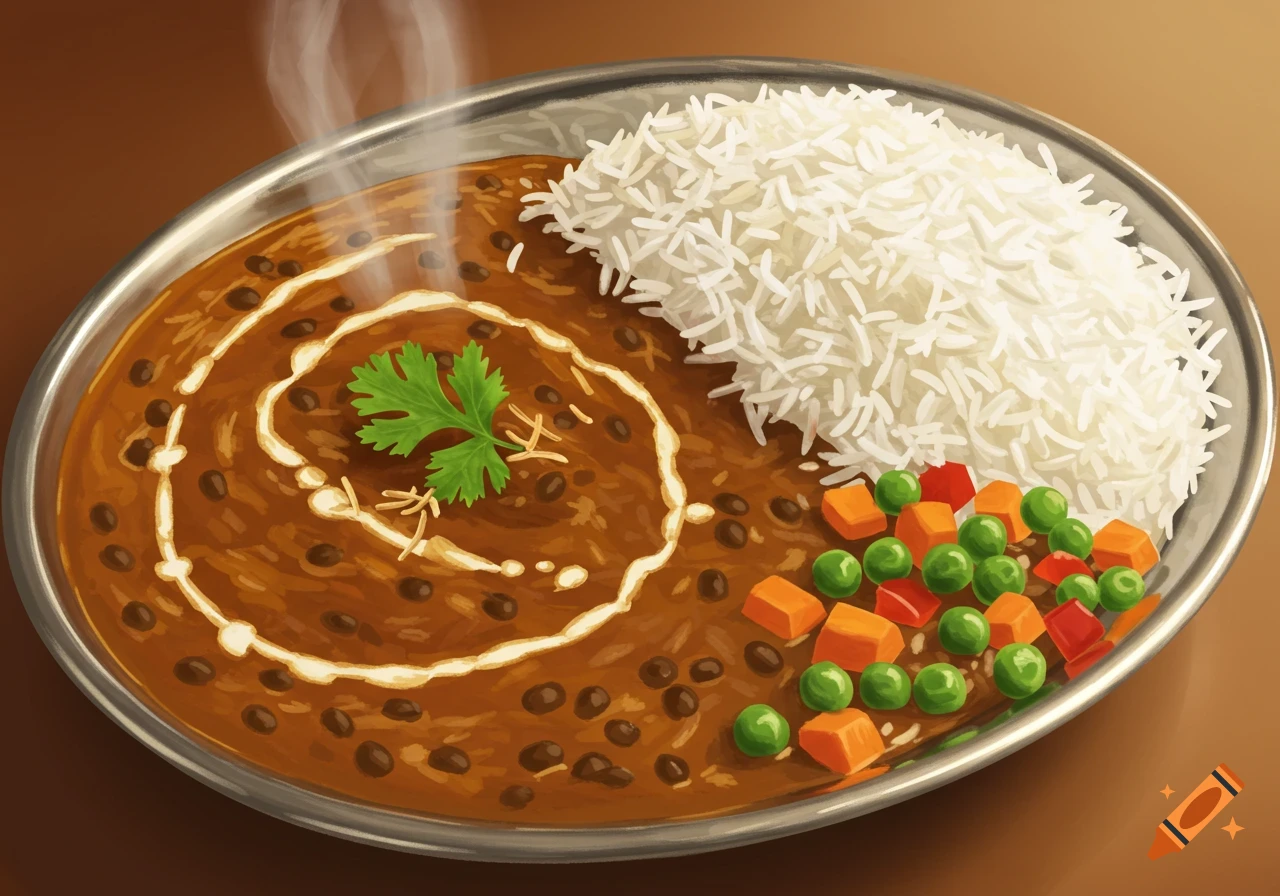 Illustrative plate of Daal Makhni with rice and vegetables. on Craiyon
