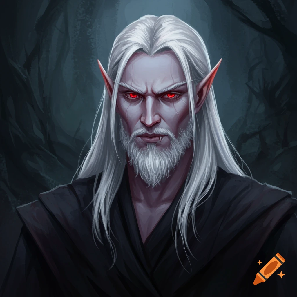 Digital painting portrait of a male vampire elf with white hair, red ...