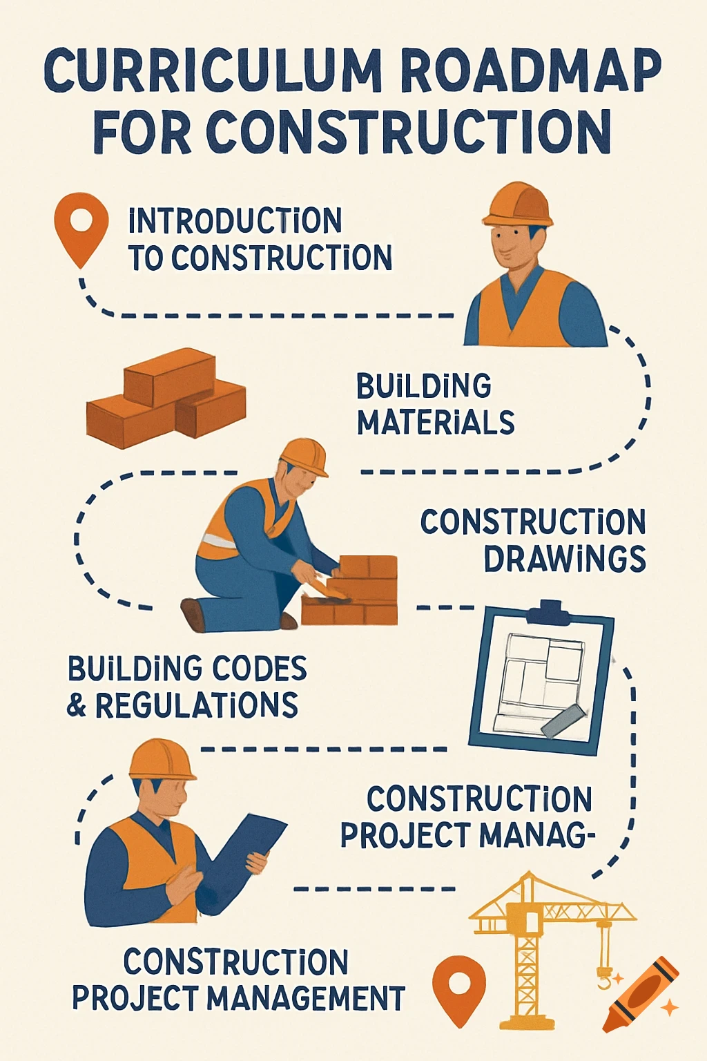 Illustrated curriculum roadmap for construction showing workers ...
