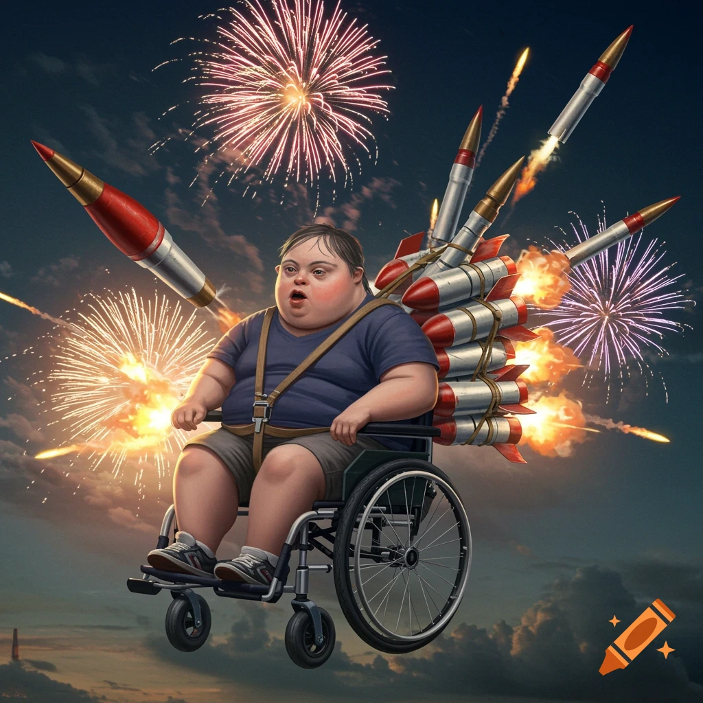 Person in wheelchair flying with rockets and fireworks. on Craiyon