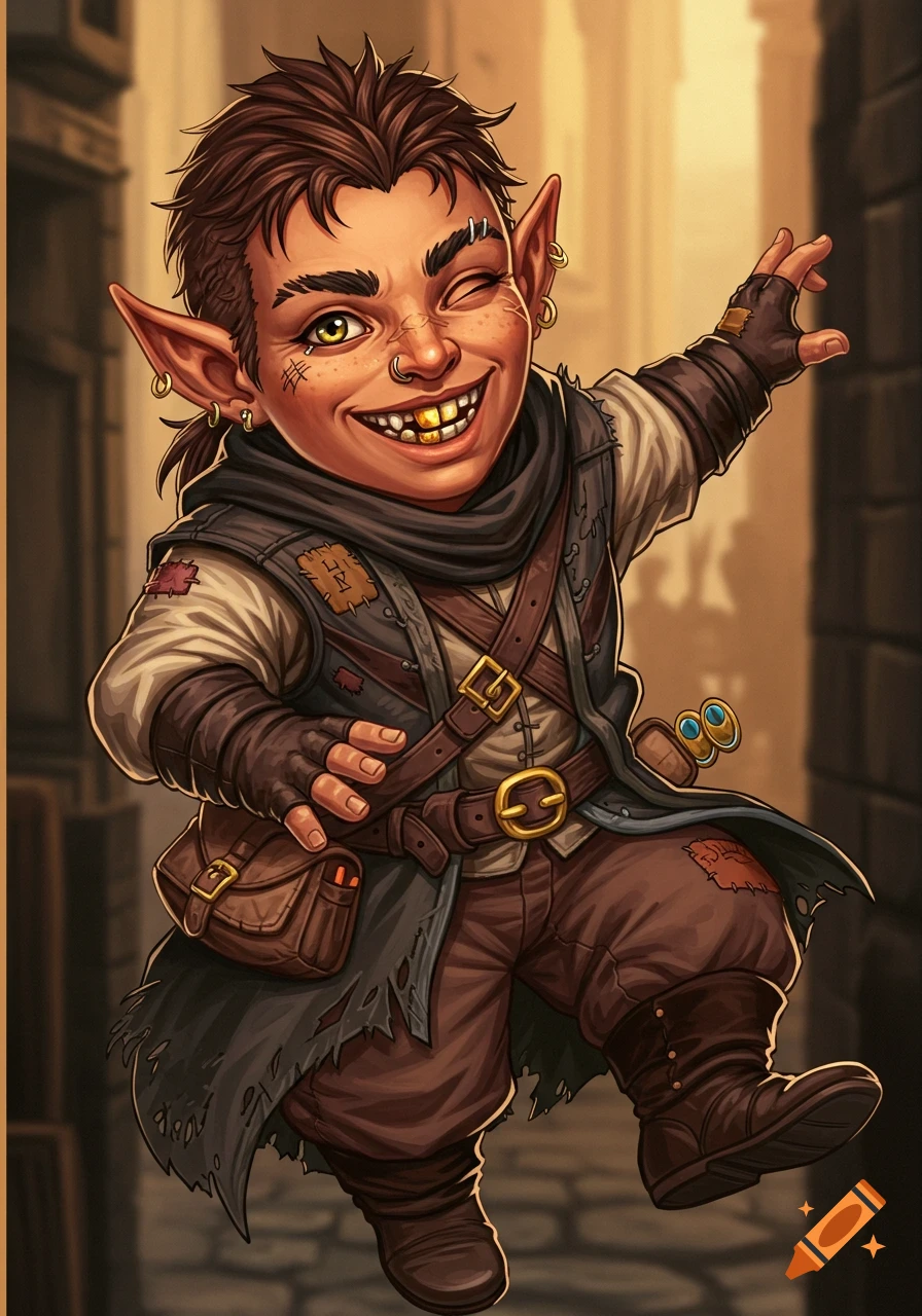 DnD style fantasy rogue character winking and smiling in a street. on ...