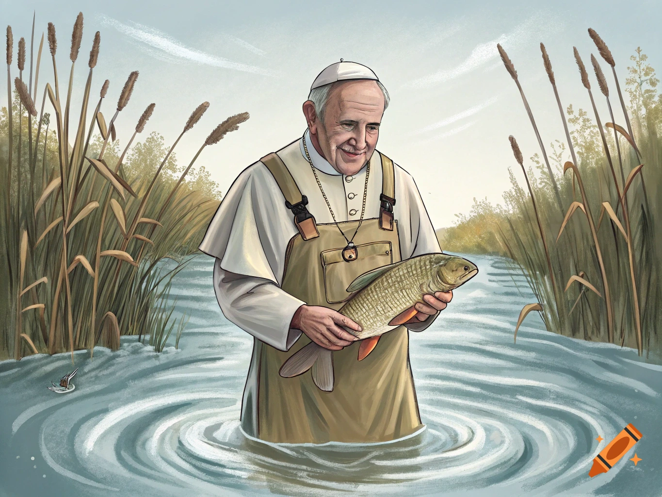 Illustration of Pope Francis standing in a river with fishing overalls ...