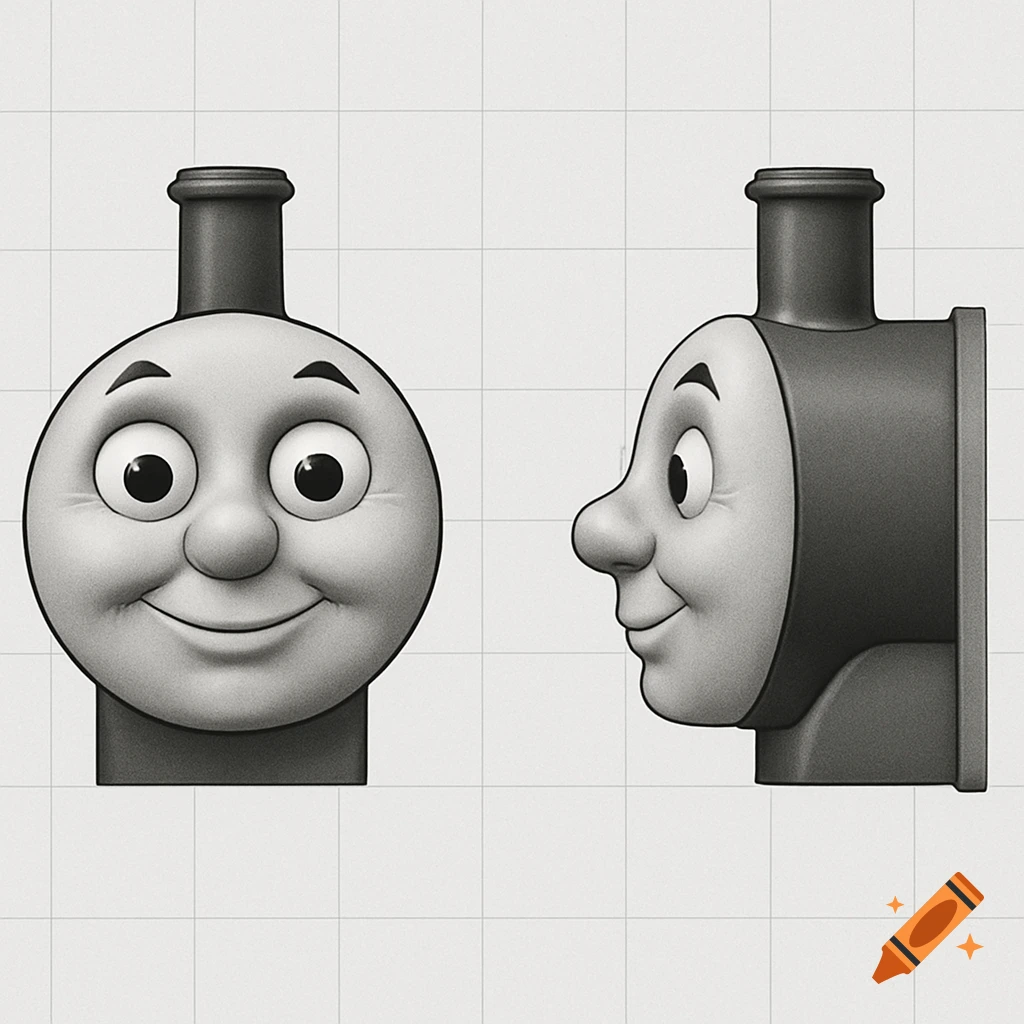 Front and side orthographic views of Thomas the Tank Engine's face on a grid background. on Craiyon