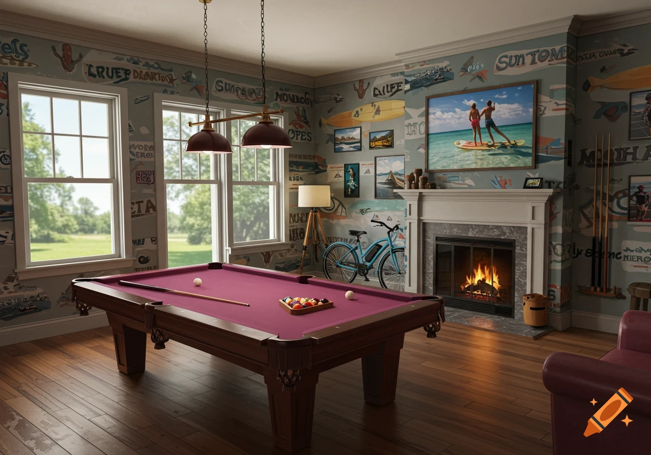 A billiard room with a maroon pool table, surf-themed wallpaper, a ...