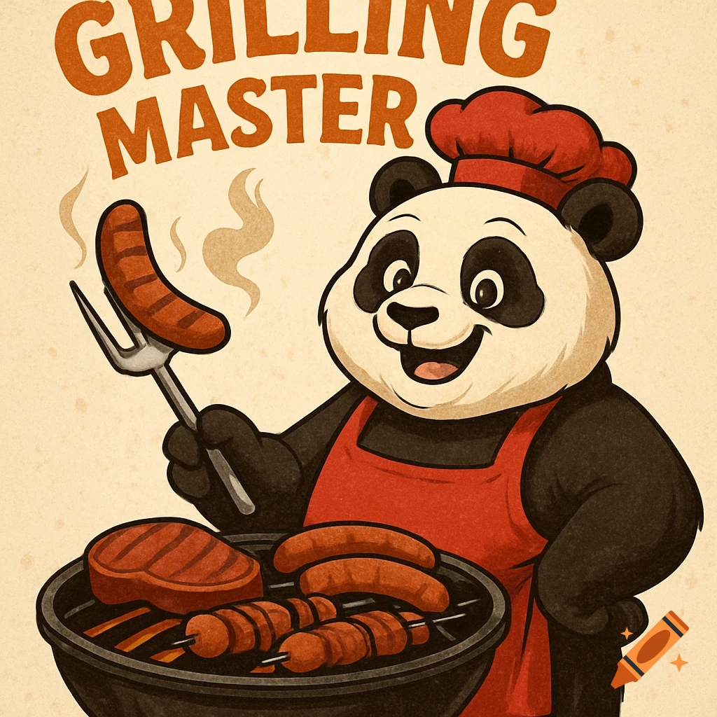 A cartoon panda chef wearing an apron and chef hat, grilling sausages ...