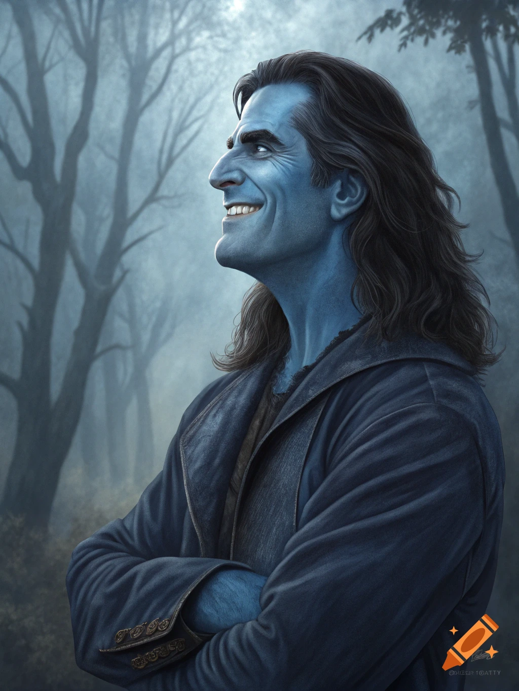 A blue-skinned man with long dark hair smiles and crosses his arms in a ...
