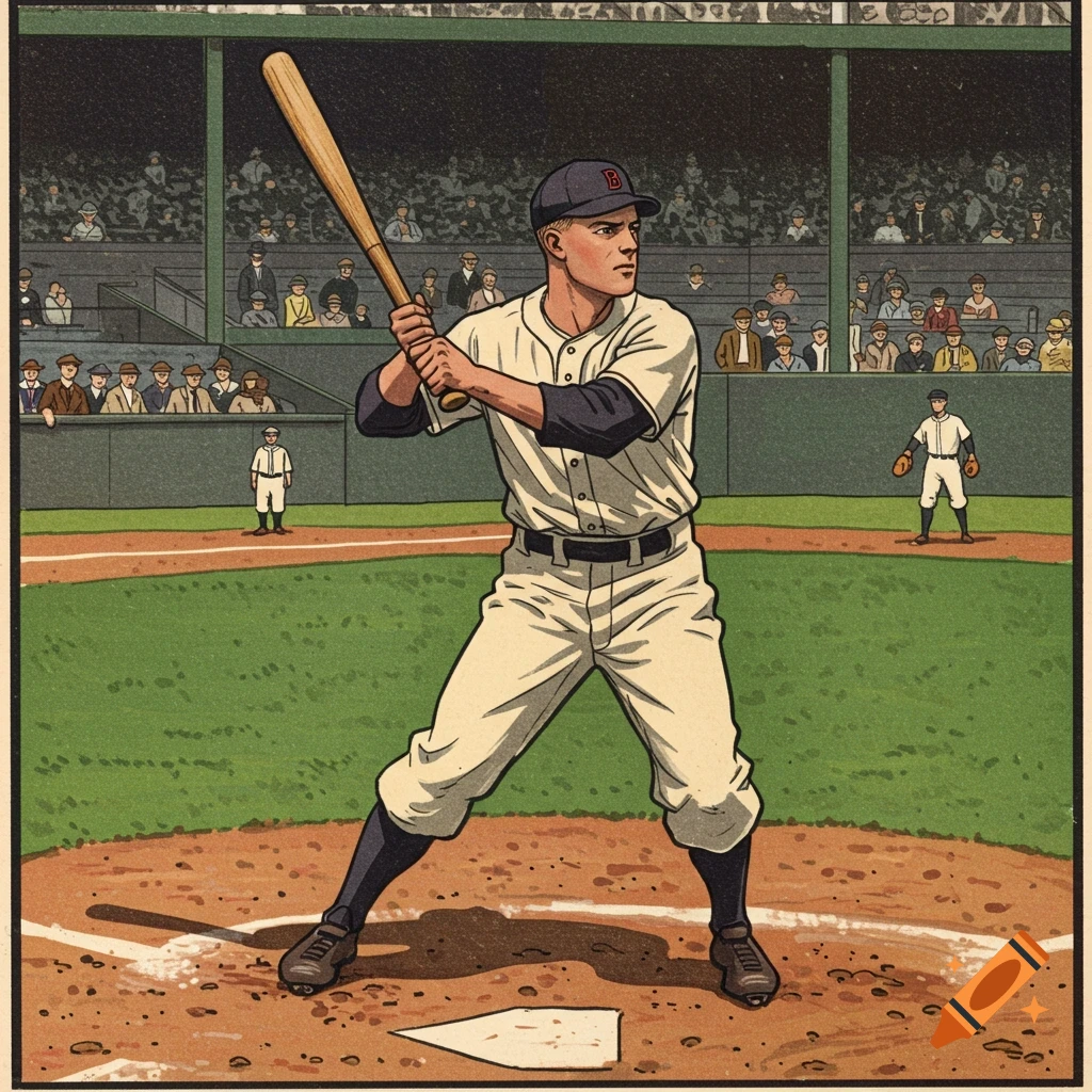 A baseball batter in a vintage illustration style stands ready to hit ...