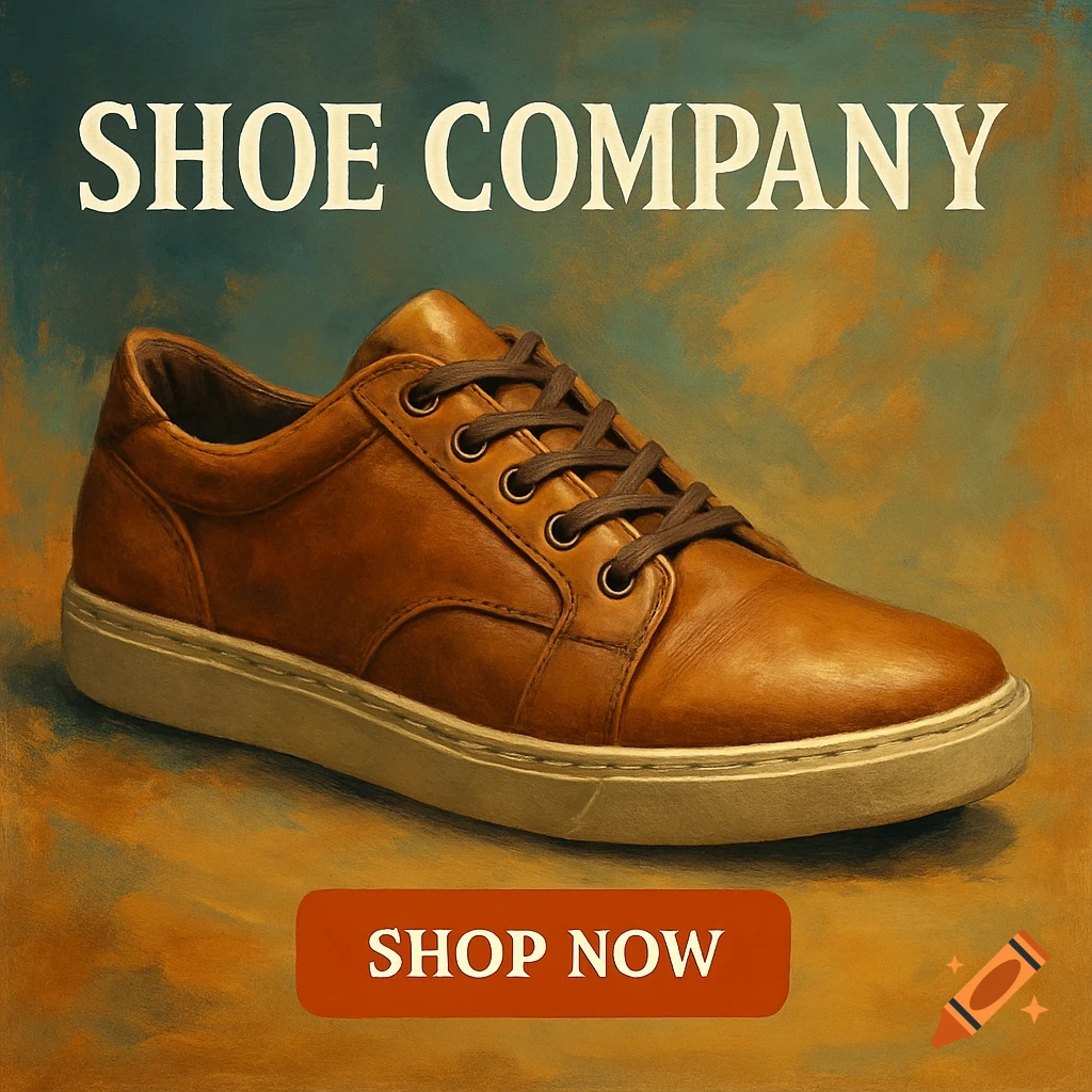 Brown leather shoe in an ad banner for a shoe company on Craiyon