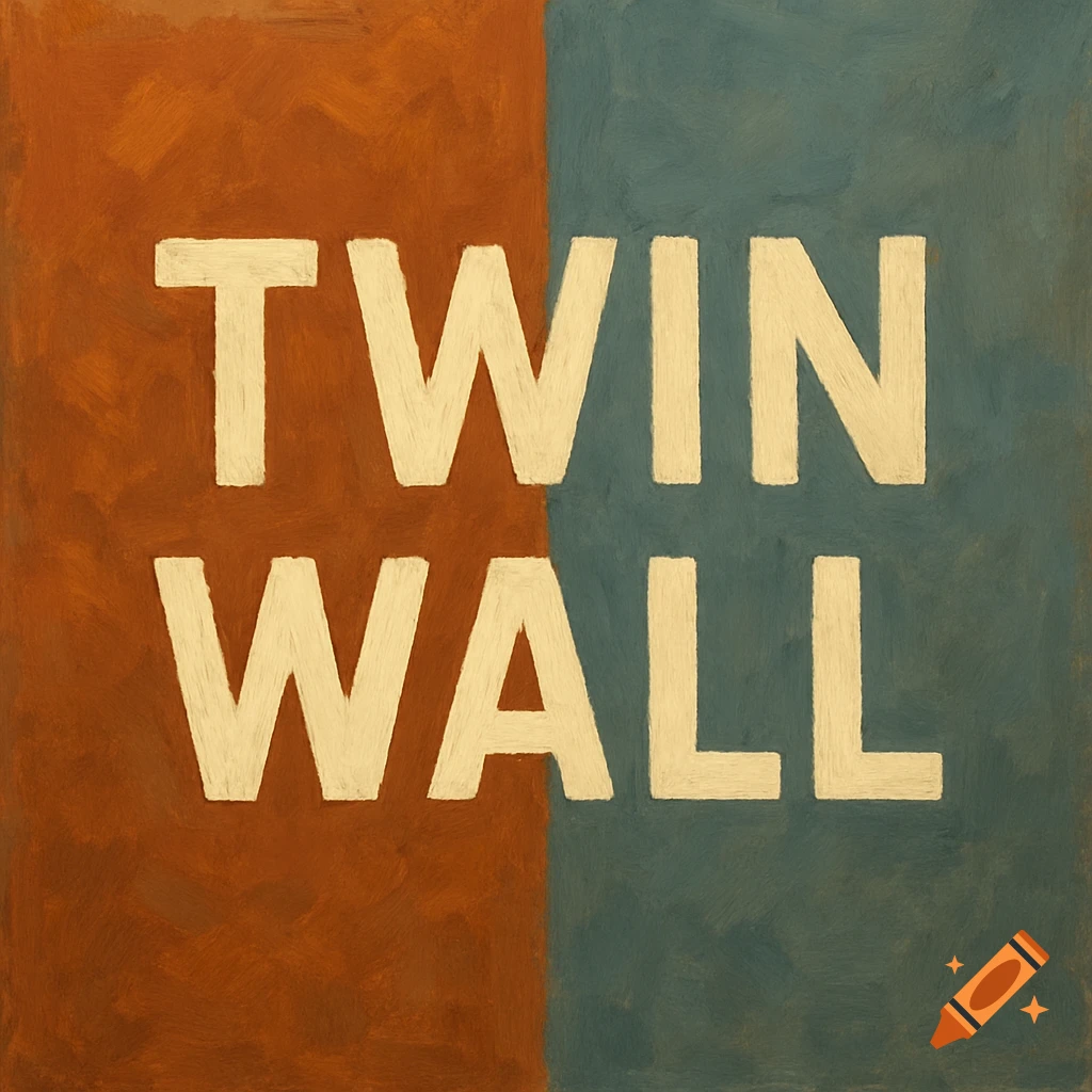 The words TWIN WALL in pale yellow block letters on a background split ...