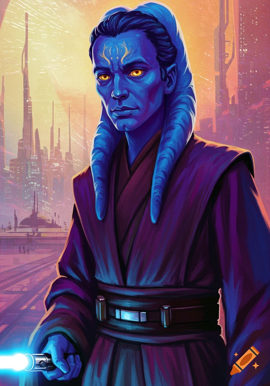 Blue-skinned alien Jedi holding a lightsaber against a futuristic ...