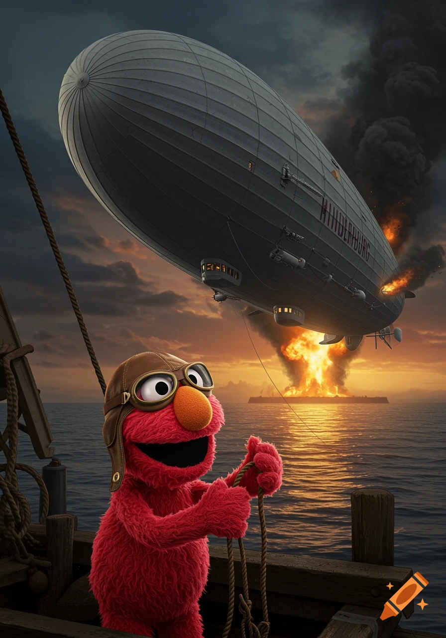Elmo in pilot gear on a boat watches the Hindenburg airship explode ...