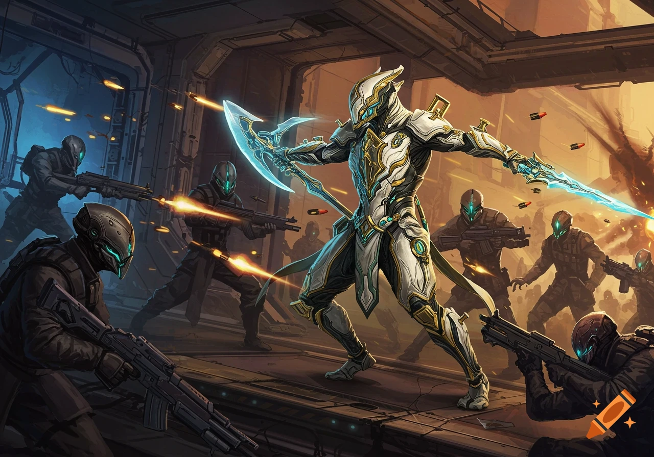 Excalibur from Warframe fighting Grineer and Corpus soldiers in a sci ...