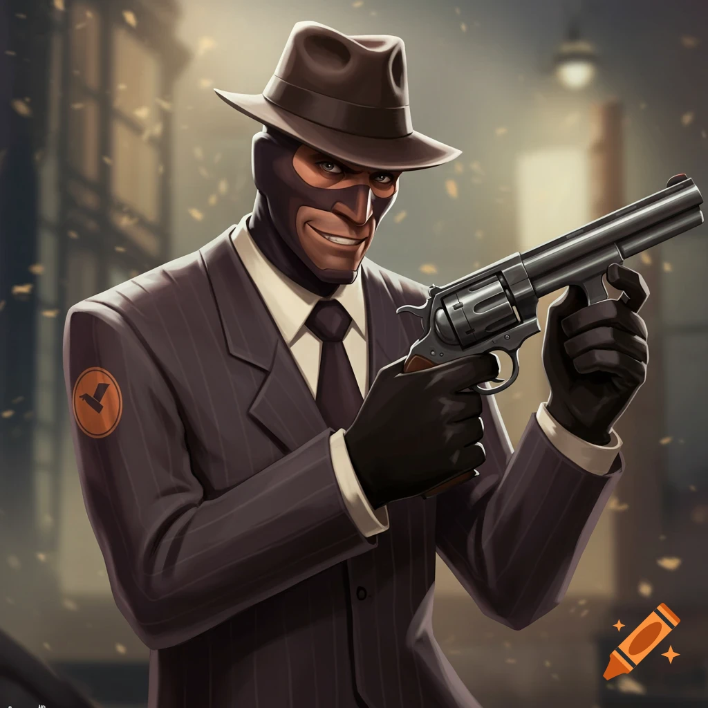 Team Fortress 2 Spy character in a suit and hat, holding a revolver. on ...