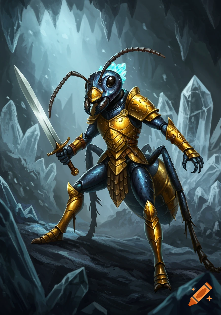 Anthropomorphic ant warrior in gold armor holds a sword in a crystal ...