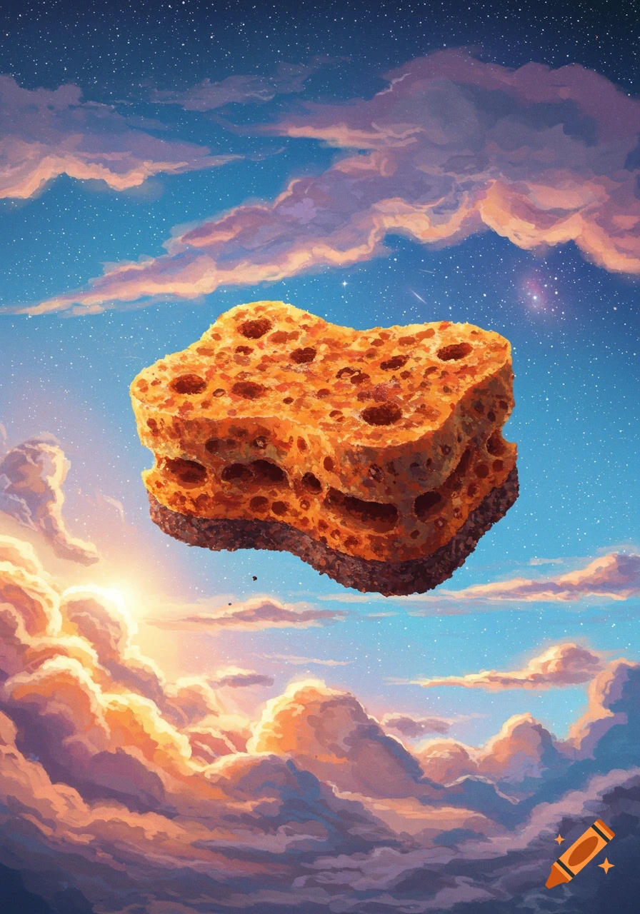 A rusty sponge floats among clouds and stars in a stylized sky. on Craiyon