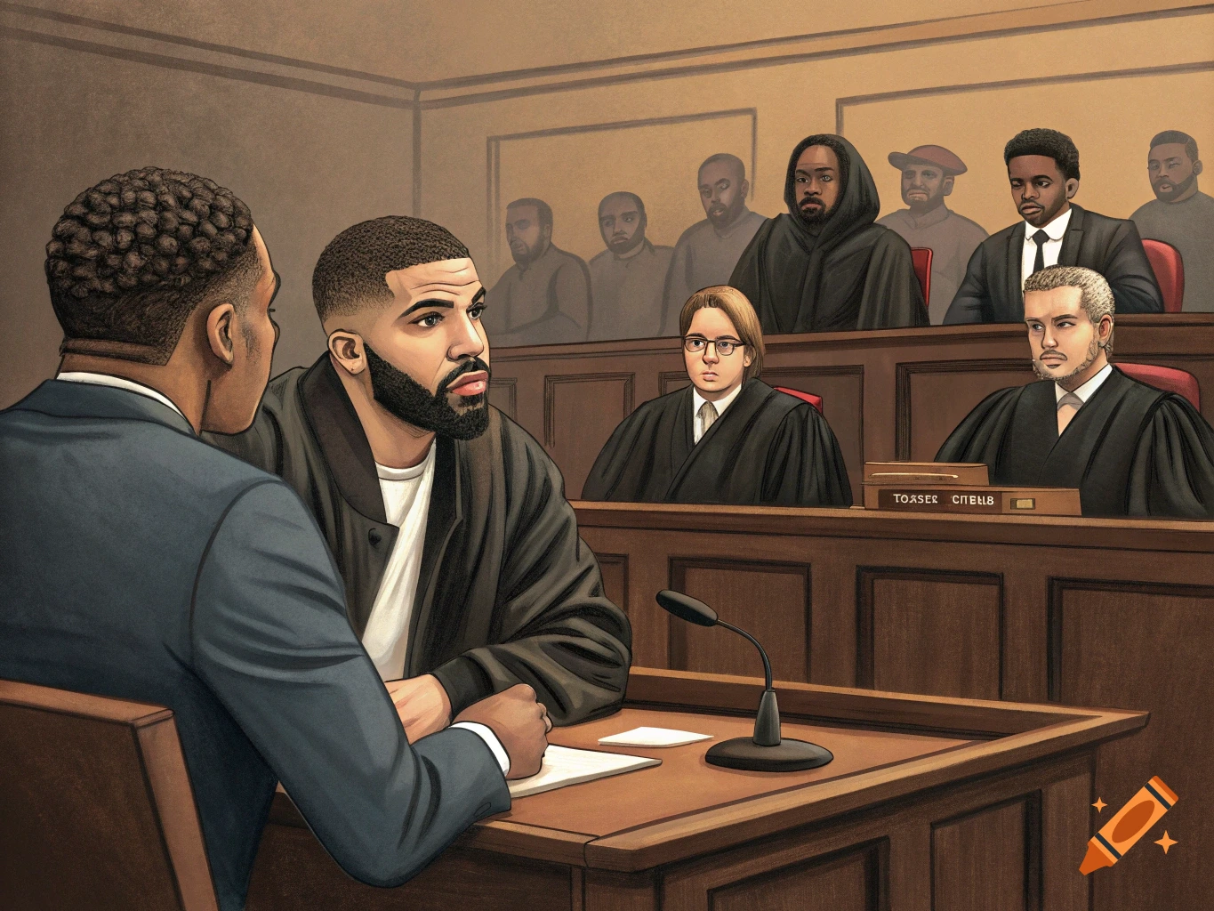 Illustration of a courtroom scene with people, including Drake, at the ...