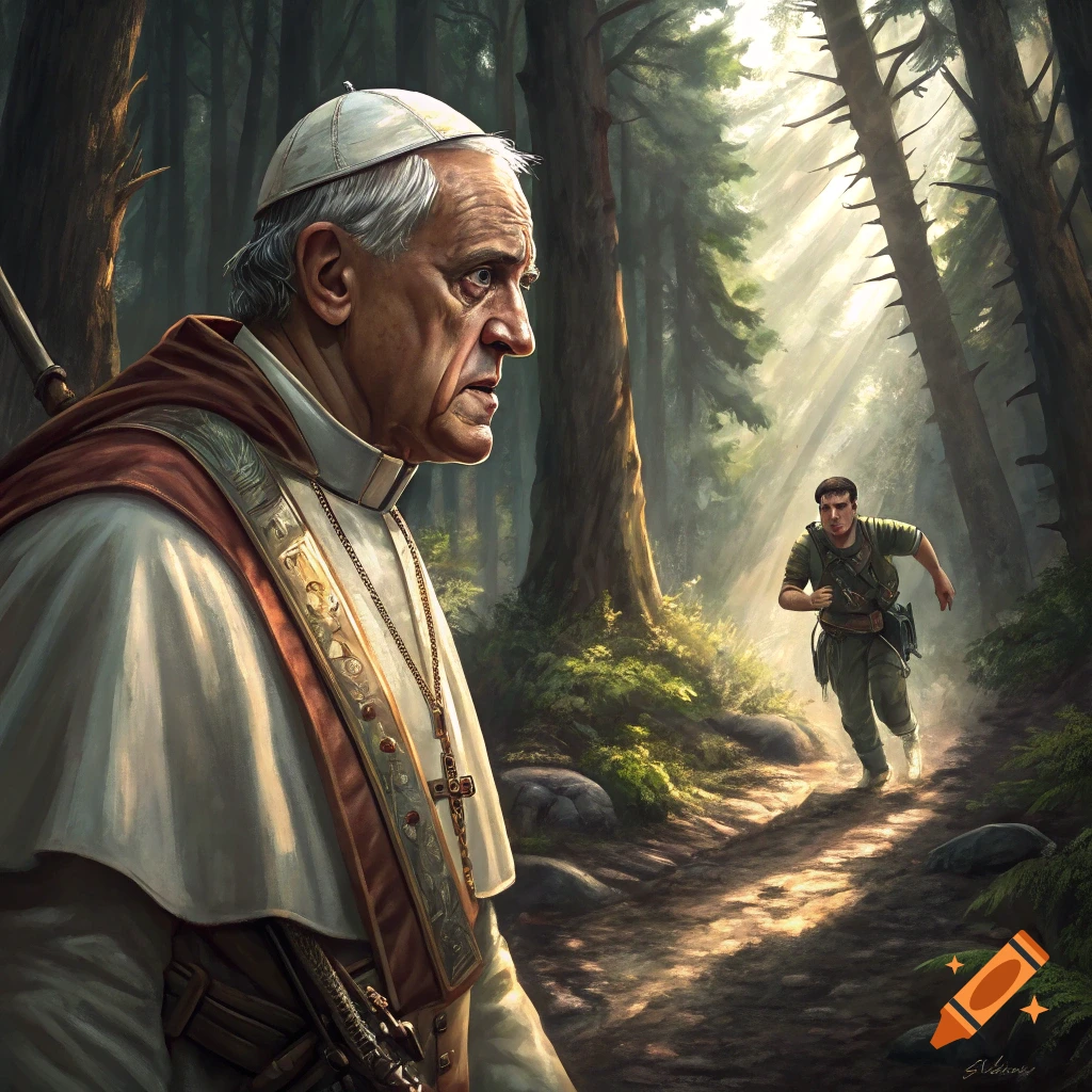 Pope-like figure with a rifle in a forest watching a man run away. on ...