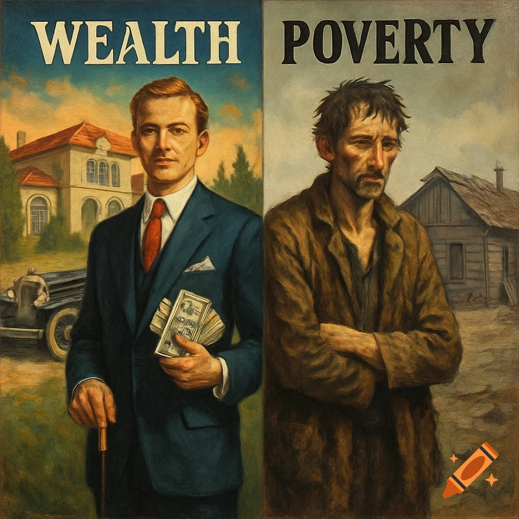 Painting contrasting a wealthy man in a suit holding money with a poor ...