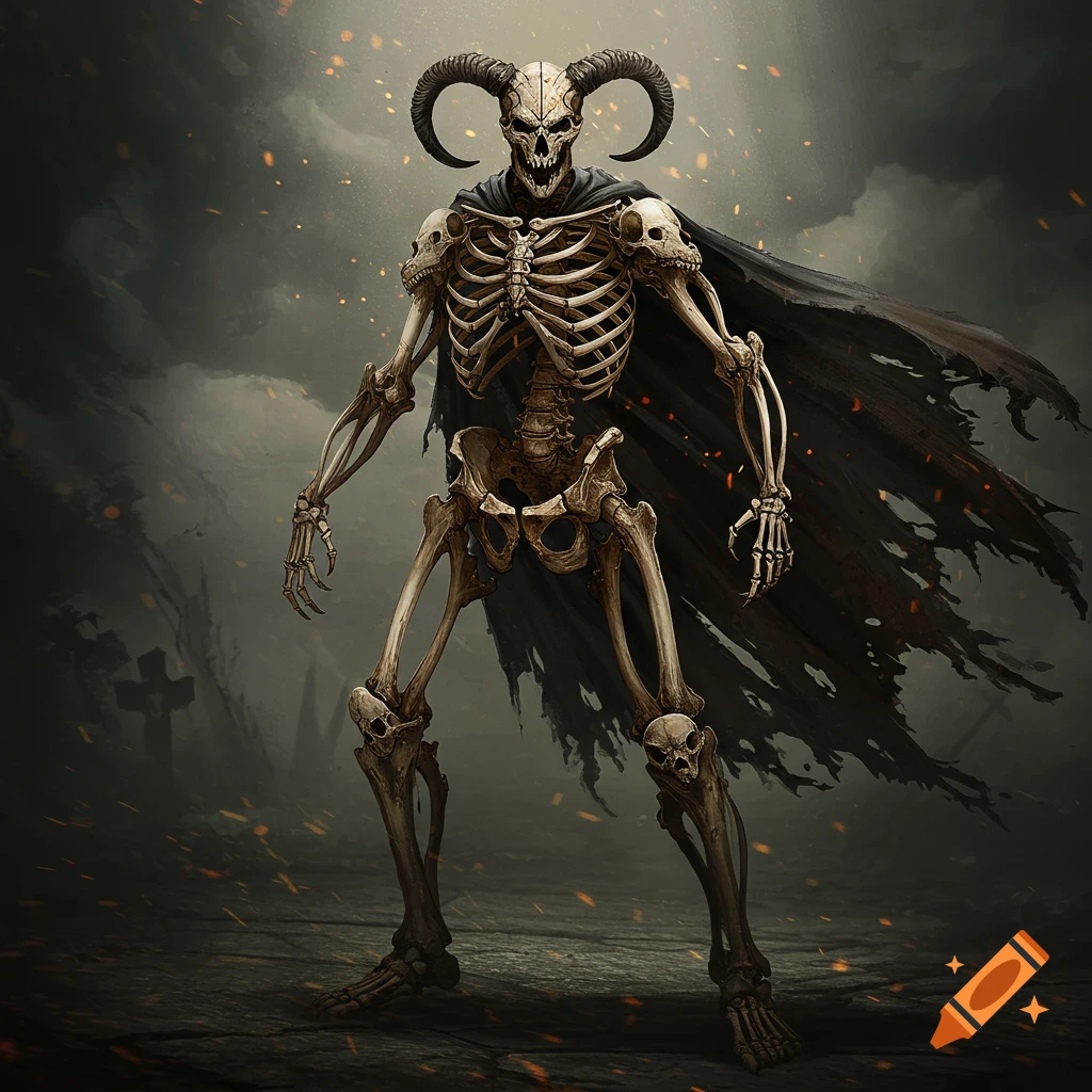 A skeletal creature with horns and a tattered cape stands in a dark ...