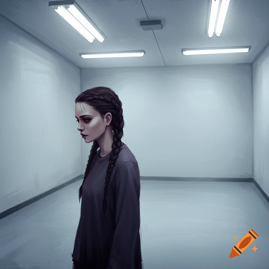 A young woman with braided hair stands looking down in a stark, plain room with fluorescent ...