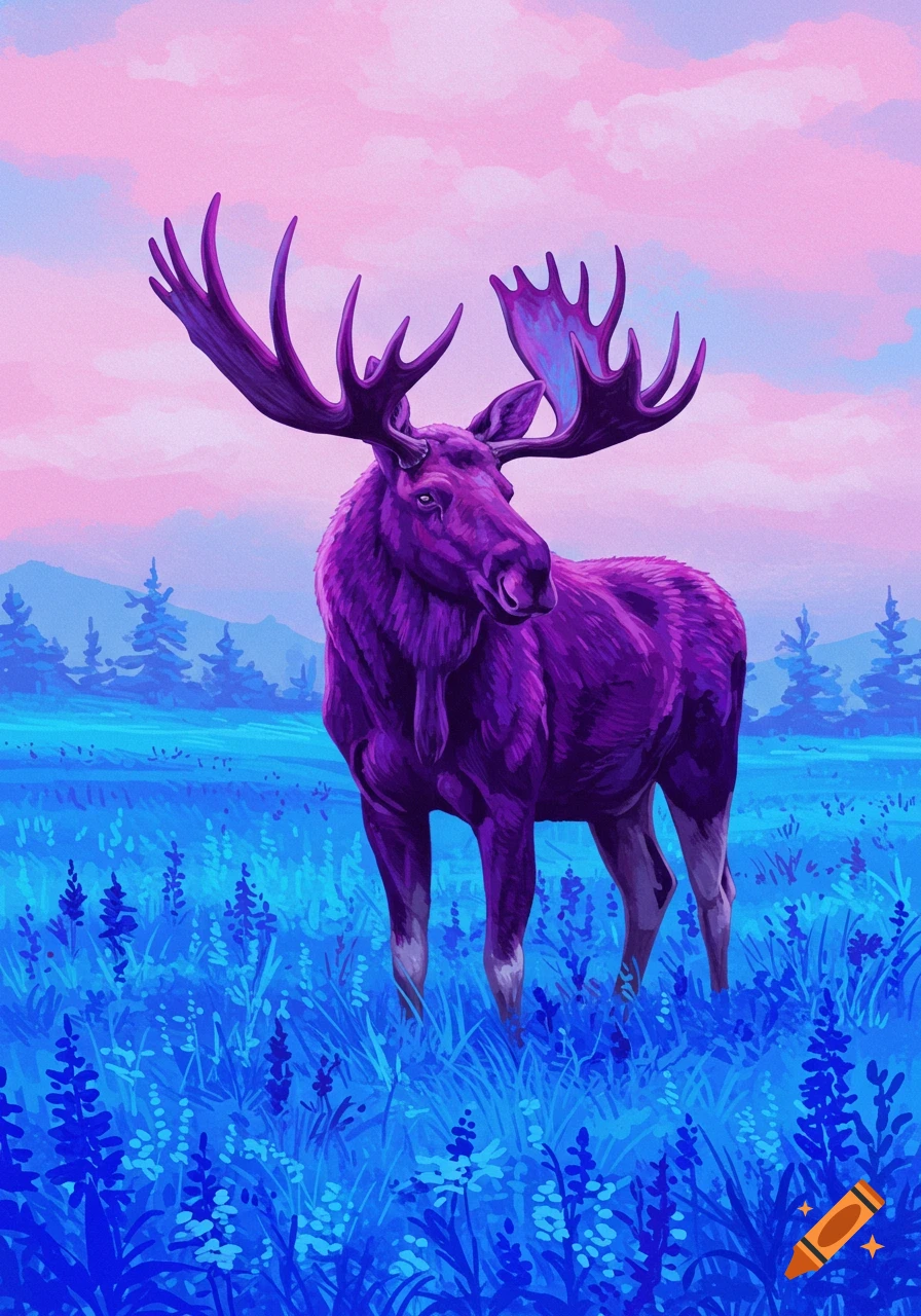 Purple moose standing in a vibrant blue field with pink sky ...