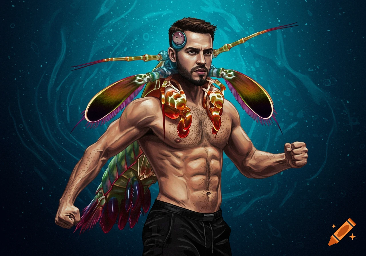 Shirtless man with a mantis shrimp body attached, illustration style on ...