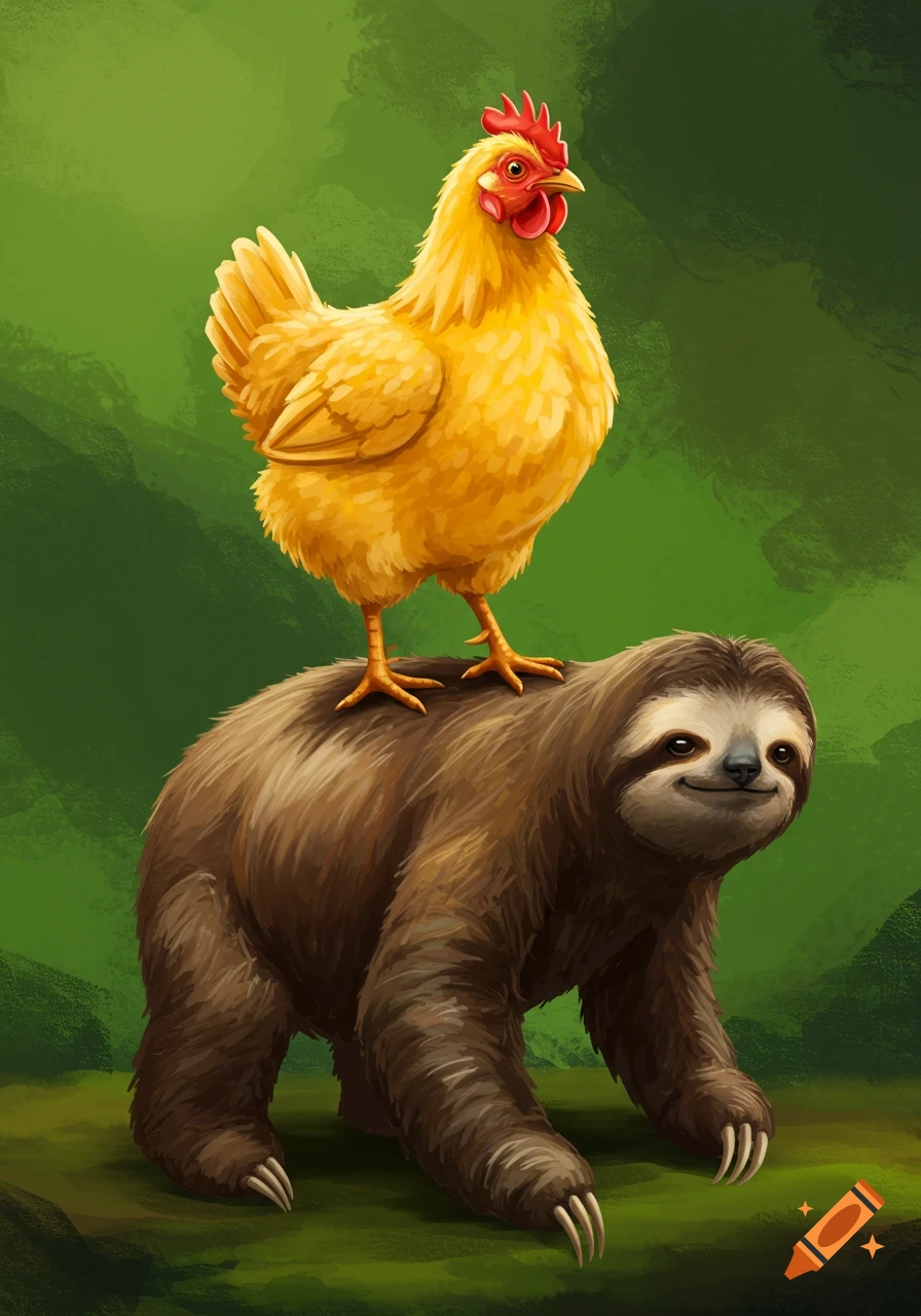 Illustration of a yellow chicken standing on the back of a brown sloth. on Craiyon