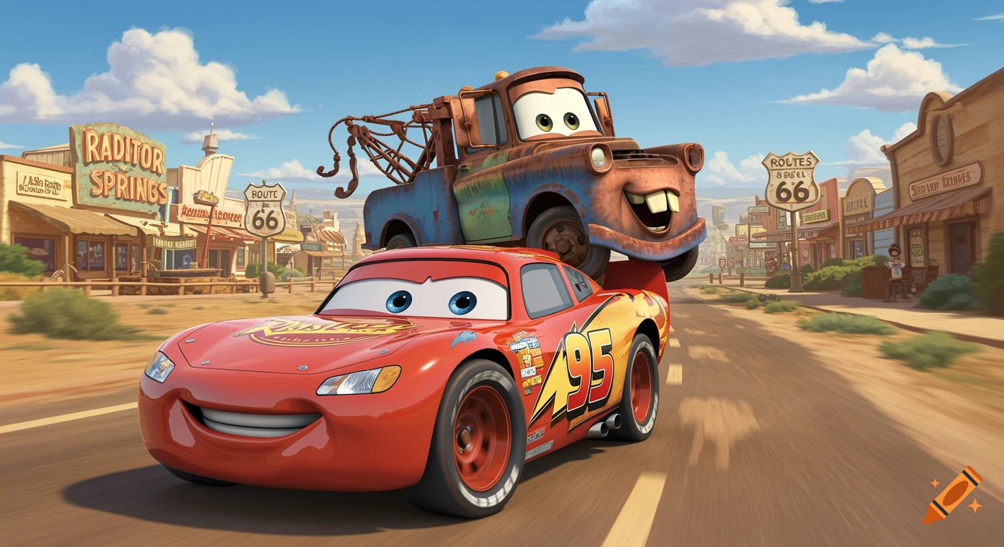 Lightning McQueen and Mater driving down a road in Radiator Springs ...