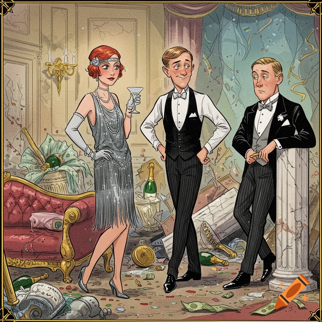 Satirical cartoon of a flapper and two men in tuxedos in a messy room ...