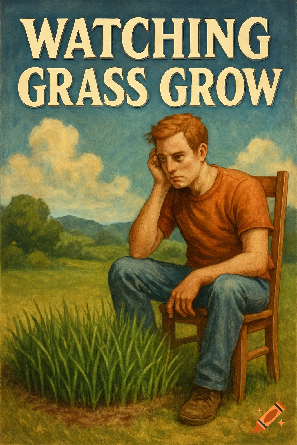Illustration of a bored young man sitting in a field watching grass grow, with the title ...