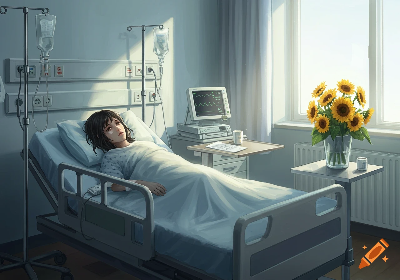 Illustration of a young woman lying in a hospital bed with medical equipment and sunflowers by ...