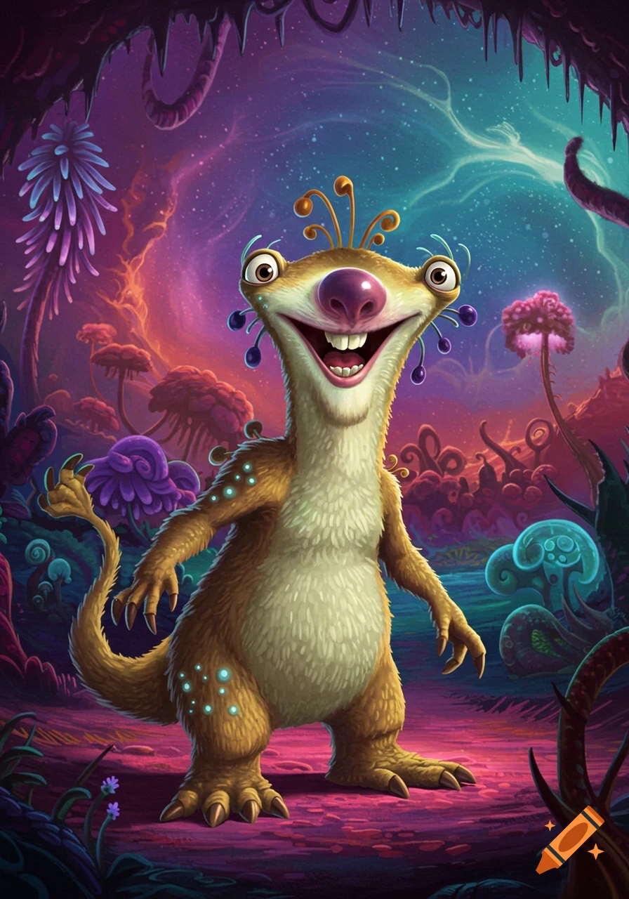 Sid from Ice Age as an alien standing in a vibrant, alien landscape. on ...