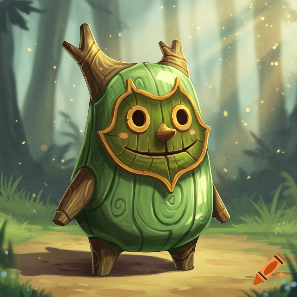 A cute wooden creature, like a mix of a Gyroid and Korok, stands on a ...